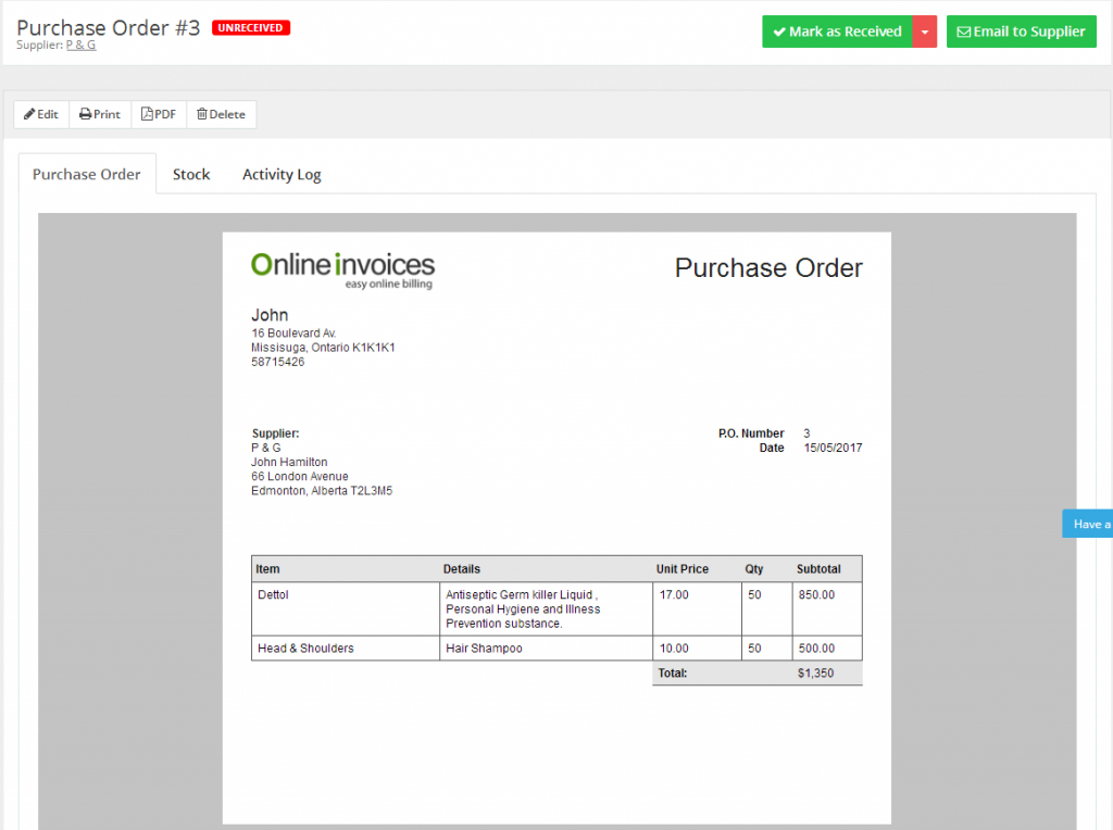 Manage Purchase Orders on "Online Invoices" Inventory system - Online ...